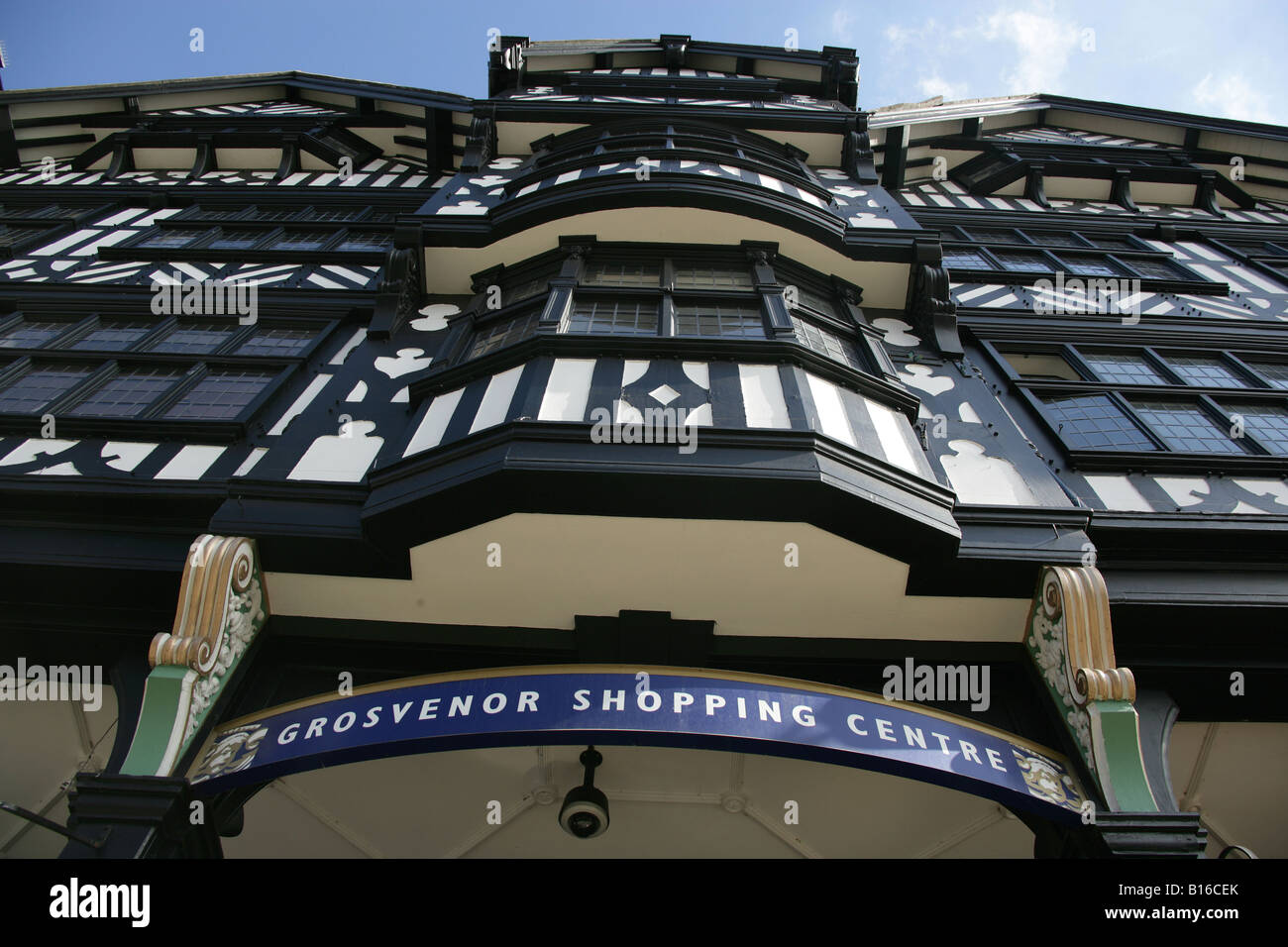 City of Chester, England. Low angled view of the Tudor building façade ...