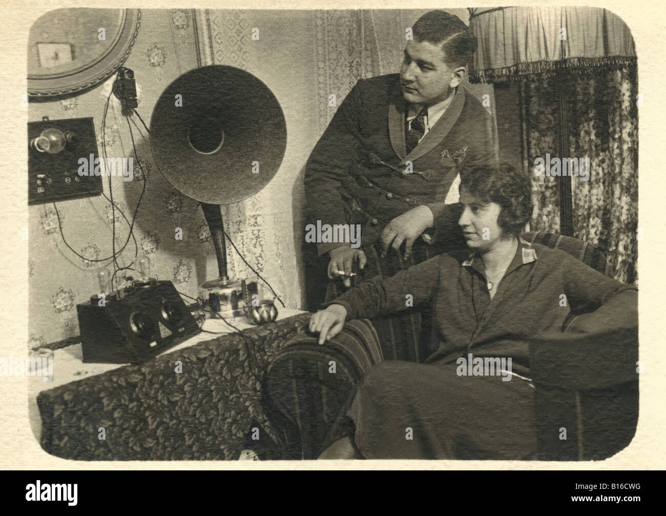 broadcast, radio, listeners, couple is listening to an horn radio ...