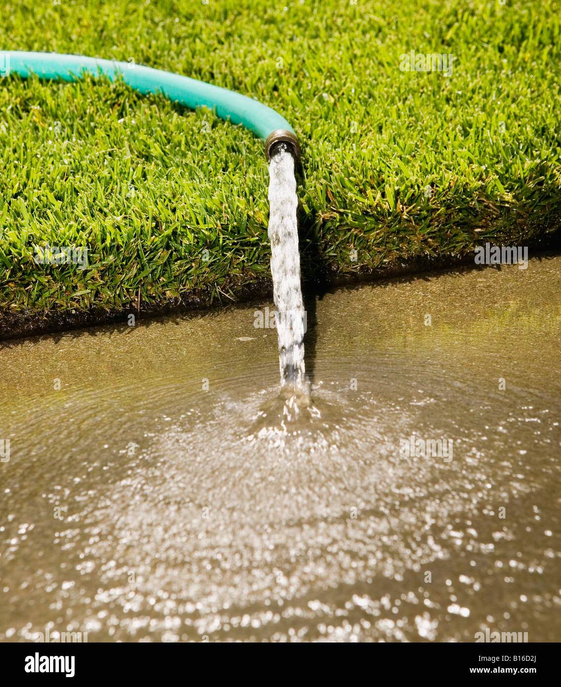 Close up of hose pouring onto sidewalk Stock Photo - Alamy
