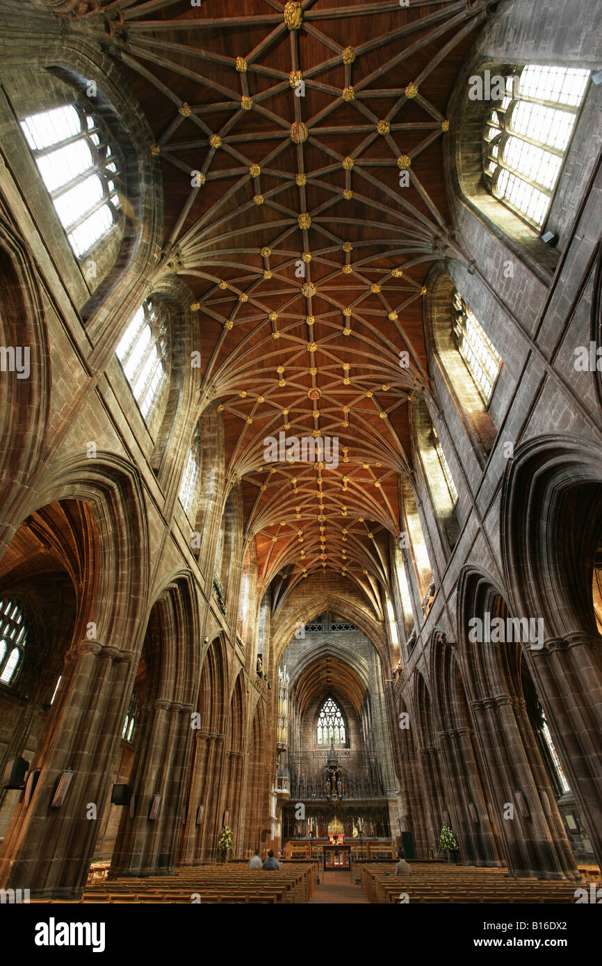 City of Chester, England. Internal view of Chester Cathedral nave with the choir, presbytery and ...
