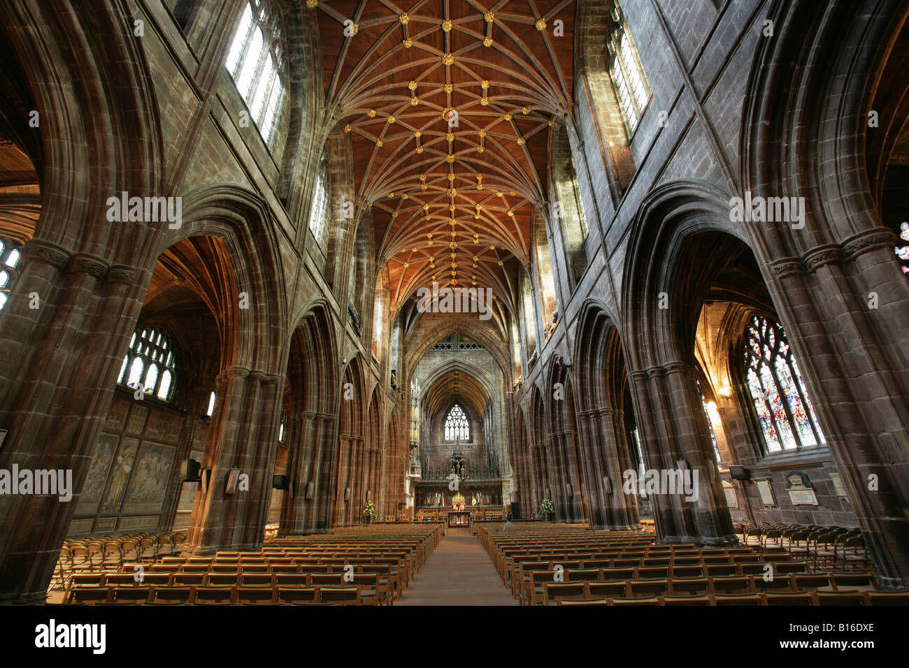 City of Chester, England. Internal view of Chester Cathedral nave with the choir, presbytery and ...