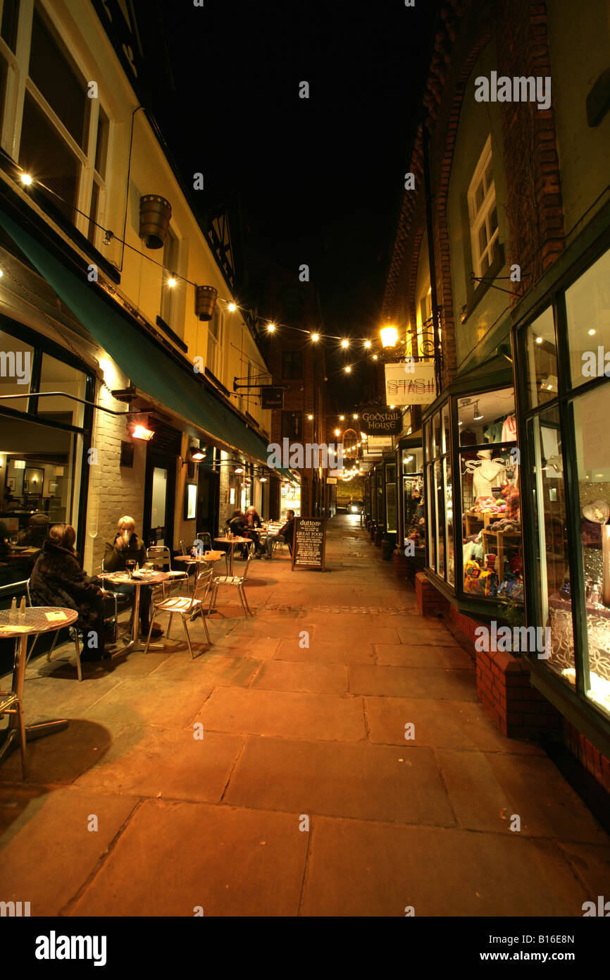 City of Chester, England. Night view of café’s restaurants and shops in ...