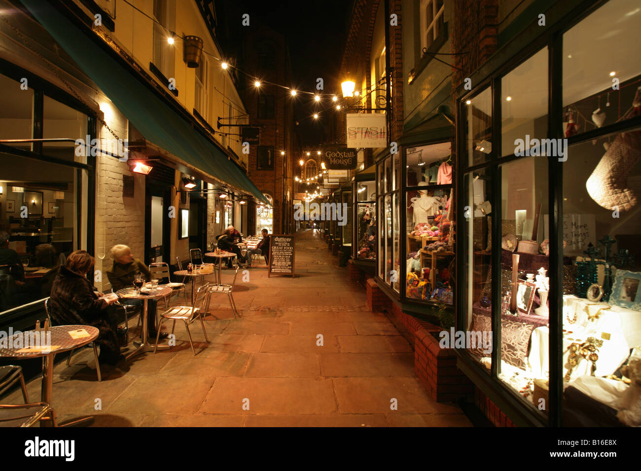 City of Chester, England. Night view of café’s restaurants and shops in ...