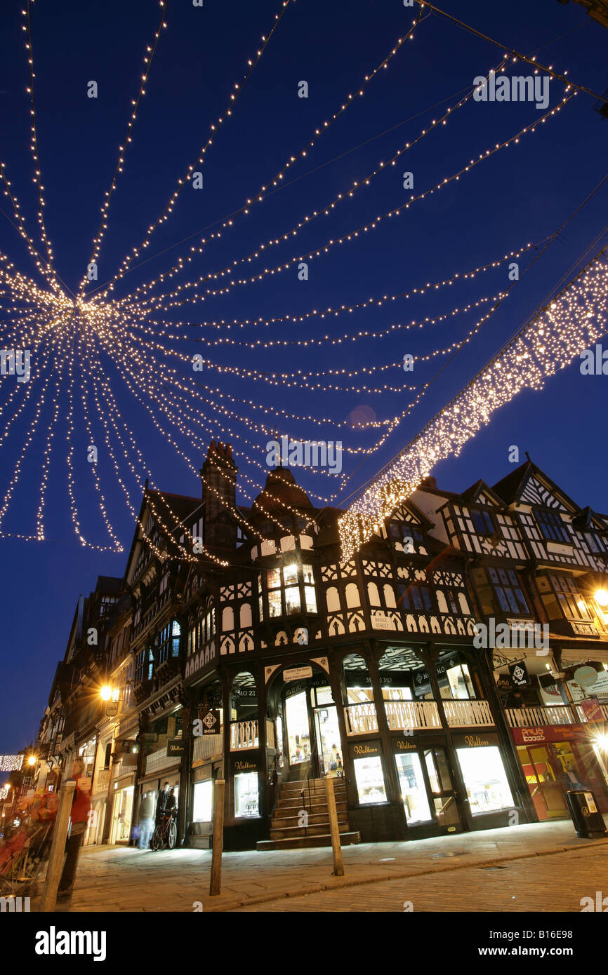 City of Chester, England. Evening Christmas lights view at the High ...