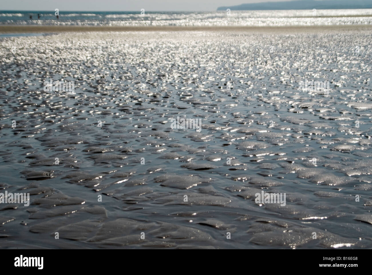 Horizontal view of patterns in the wet sand made by the tide going out ...
