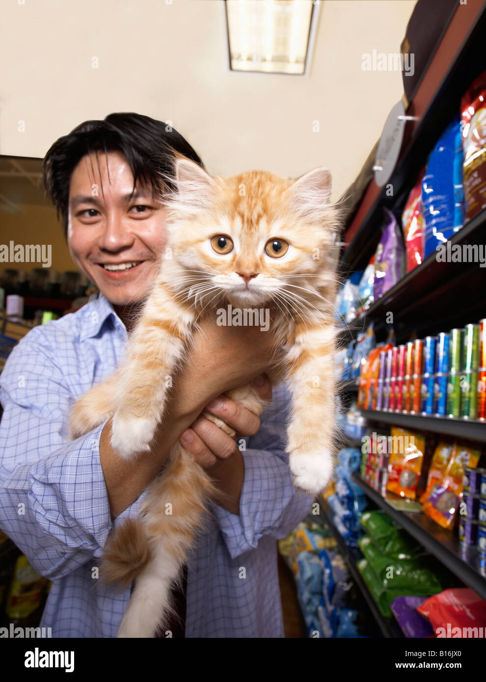 Asian man holding cat in pet store Stock Photo - Alamy