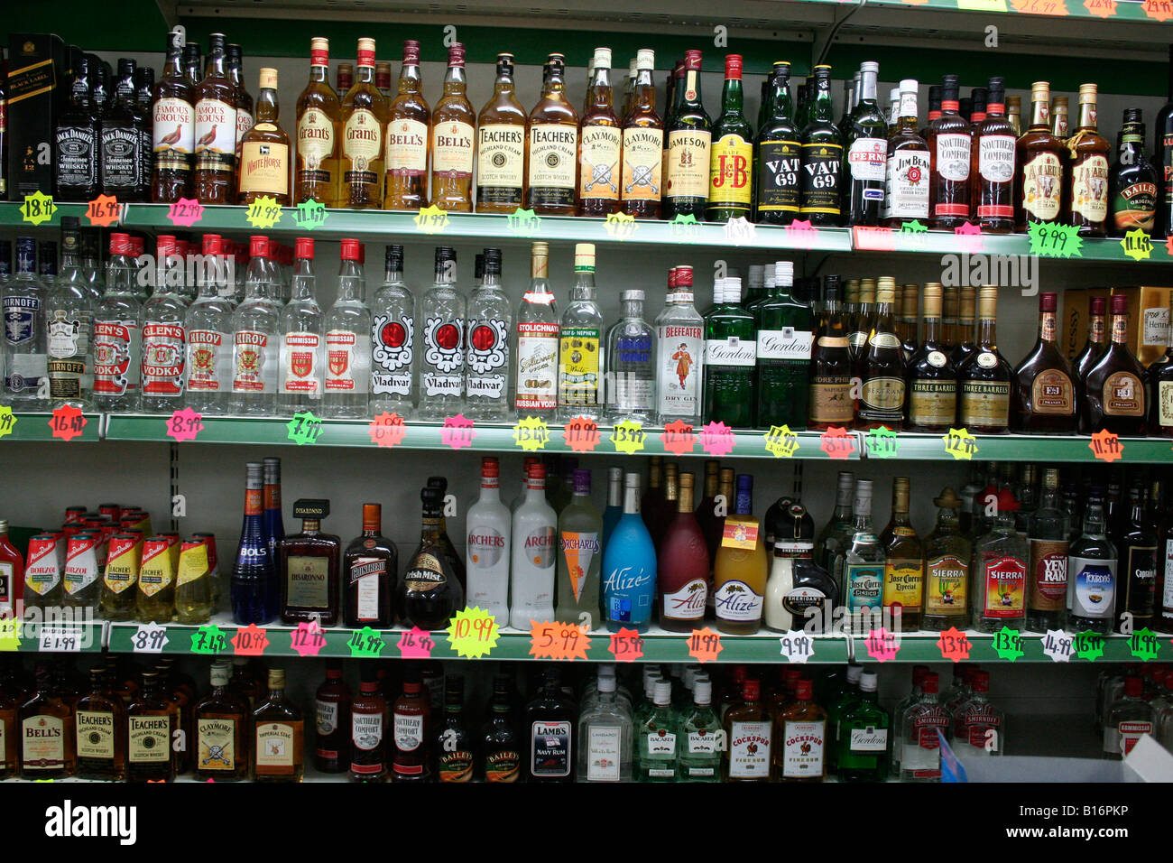 Produce at local store wine alcohol and spirits Stock Photo - Alamy