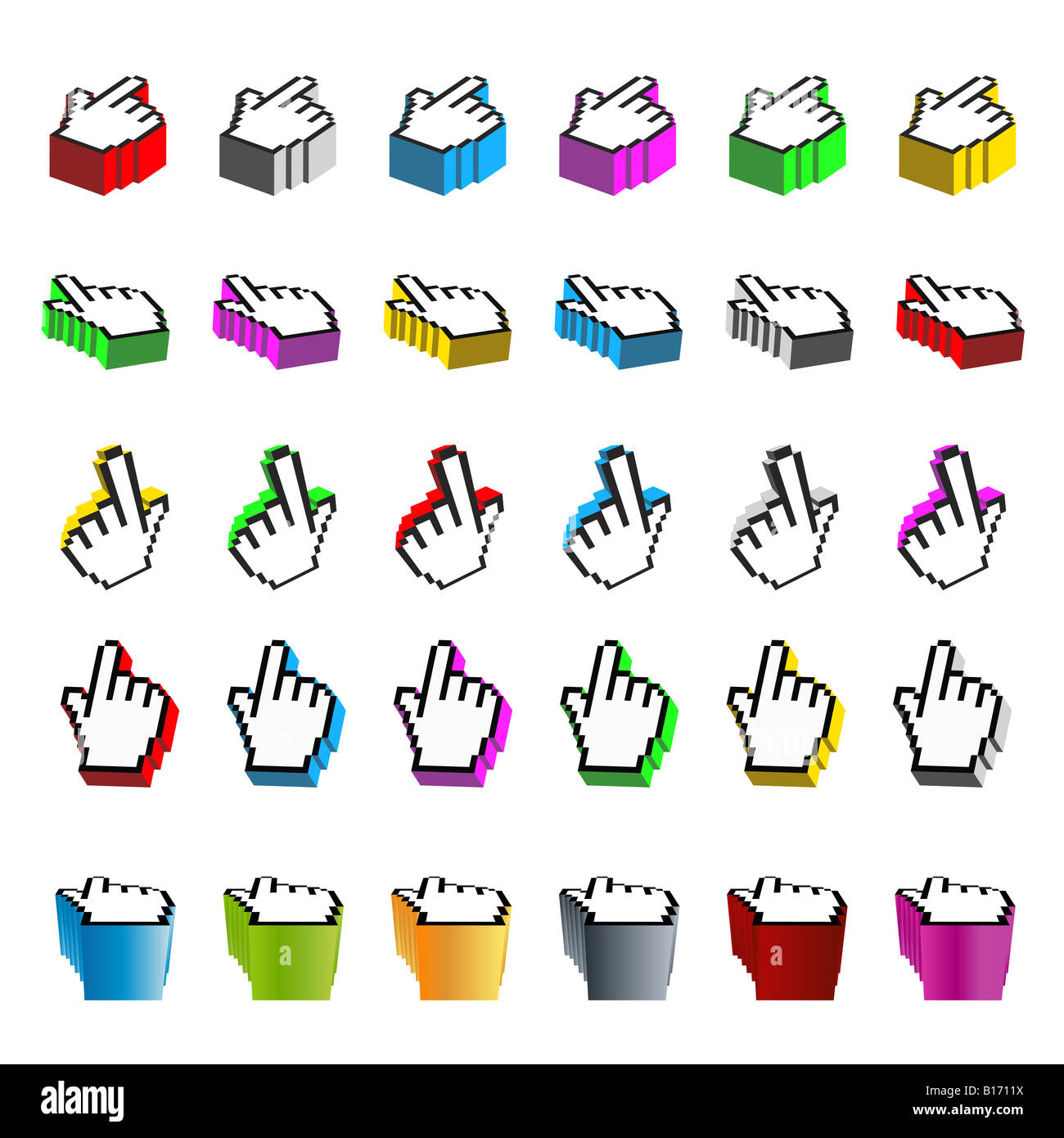 Vector illustration of 30 different browsing hand computer cursors and pointers in various ...