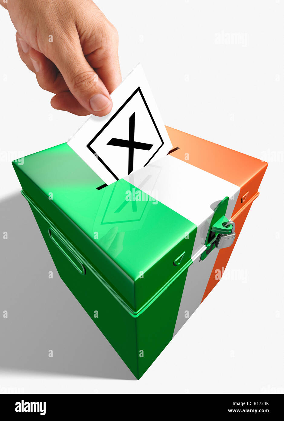 Irish flag ballot box. Male hand placing X voting slip into hole into ...