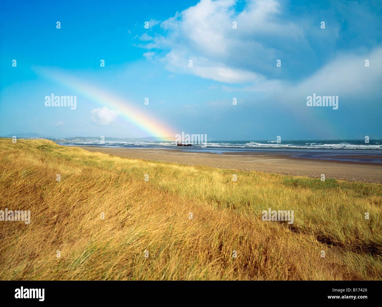 Marram grass, rainbow & shipwreck, Baltray, Co Meath, Ireland Stock ...