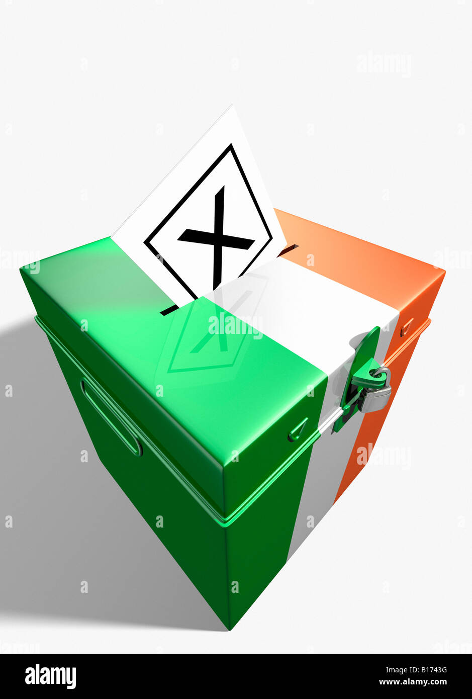 Irish flag ballot box. X voting slip in hole into lid Stock Photo - Alamy