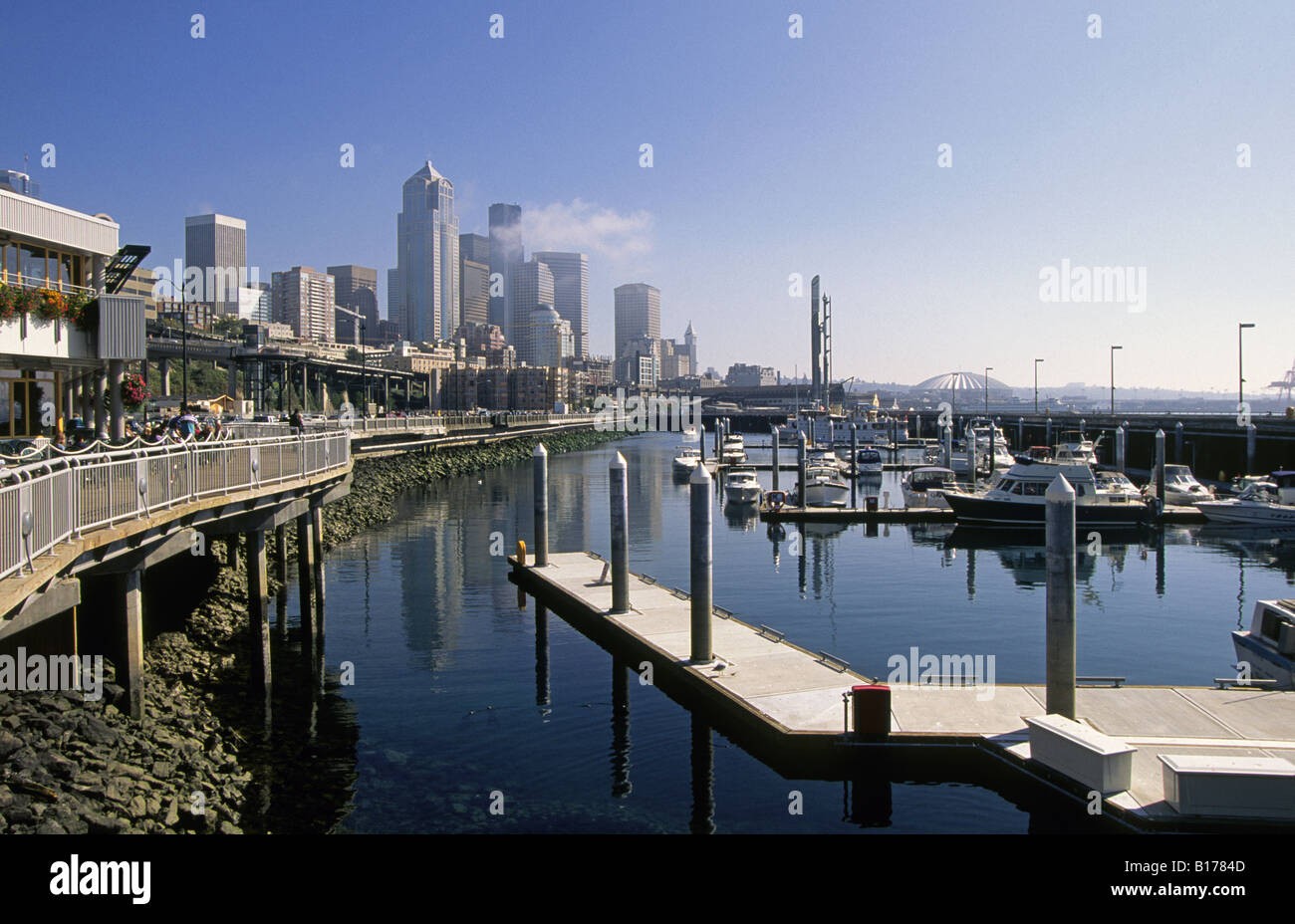 An overview of the Seattle skyline from the waterfront area downtown ...