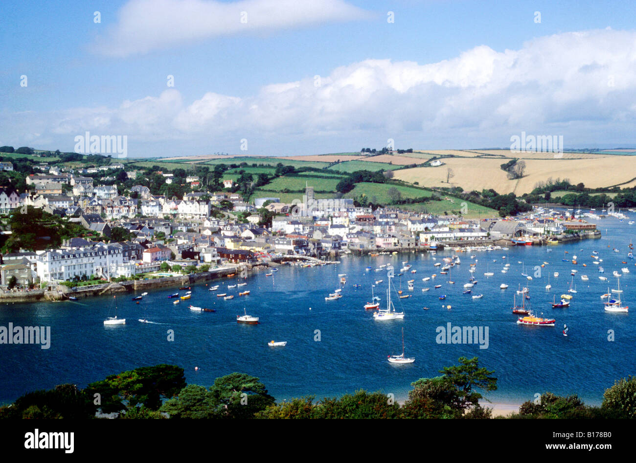 Salcombe Devon harbour boats vessels town view English Channel coast ...