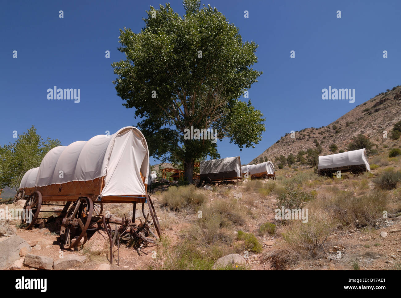 Old western trailer functioning as a hotel room on Bar 10 Hotel in the ...