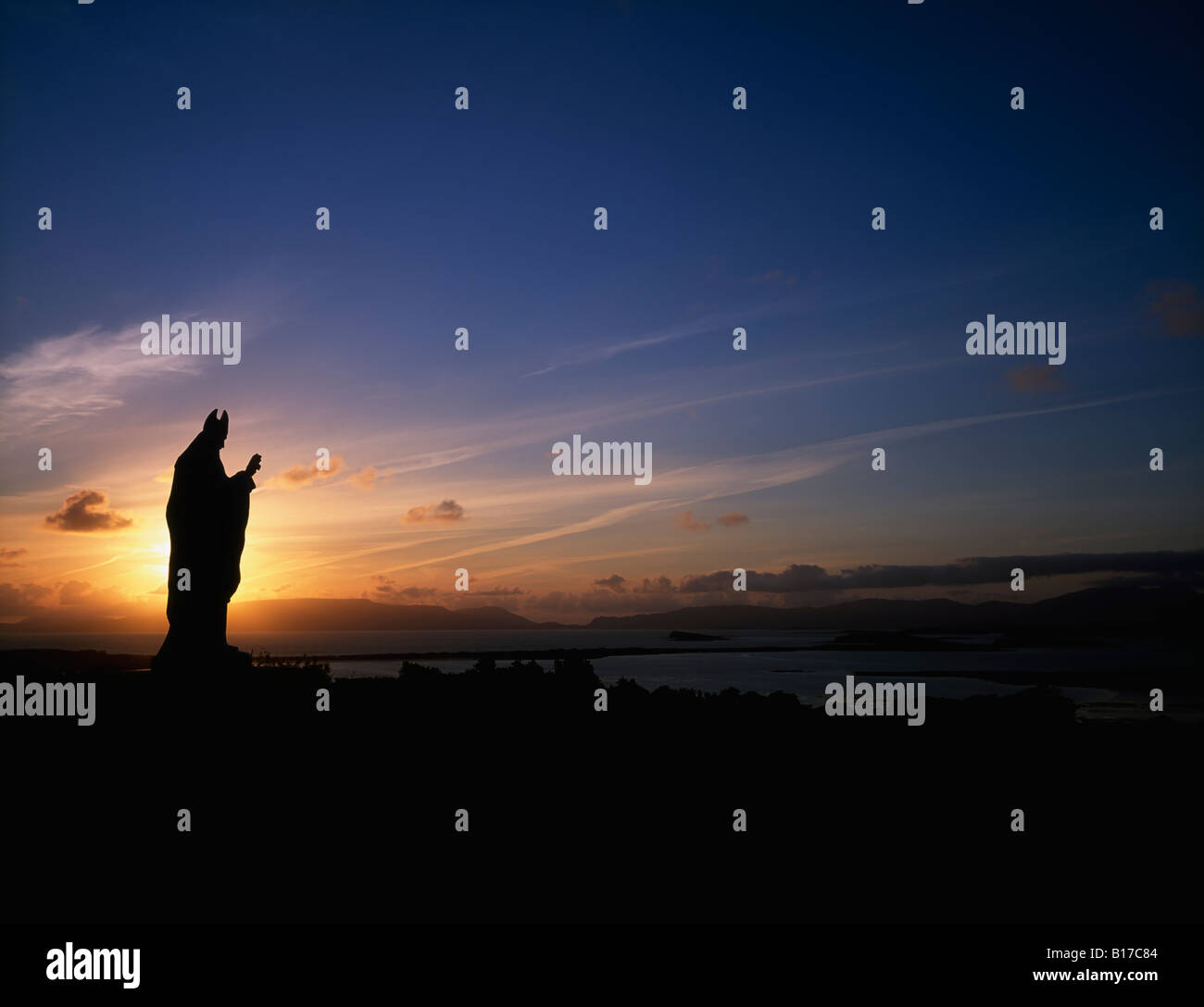 Sculpture of St. Patrick, and view of Clew Bay from Croagh Patrick, Co ...