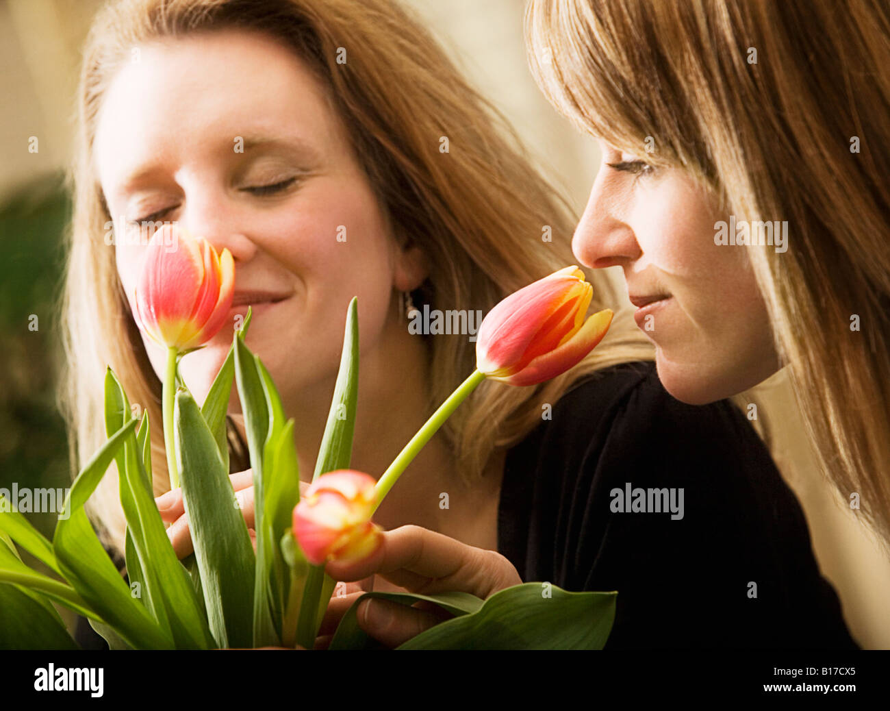 Two women smelling flowers Stock Photo - Alamy