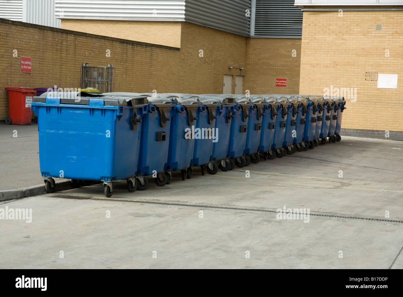 Line of rubbish bins at the back of a supermarket Stock Photo - Alamy