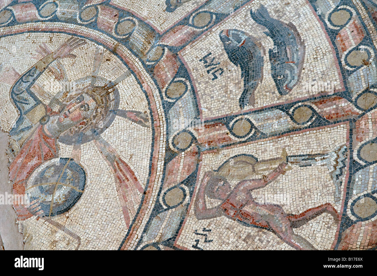 Segment of ancient zodiac mosaic floor showing the Sun god, Helios ...
