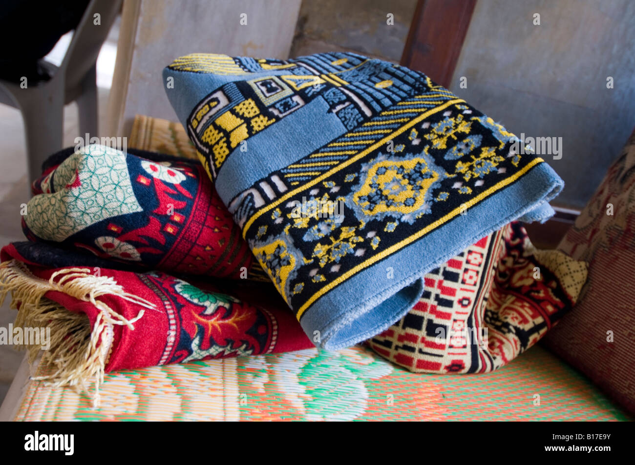 Folded prayer rugs in the El Jazzar mosque, Acre (Akko), Northern ...