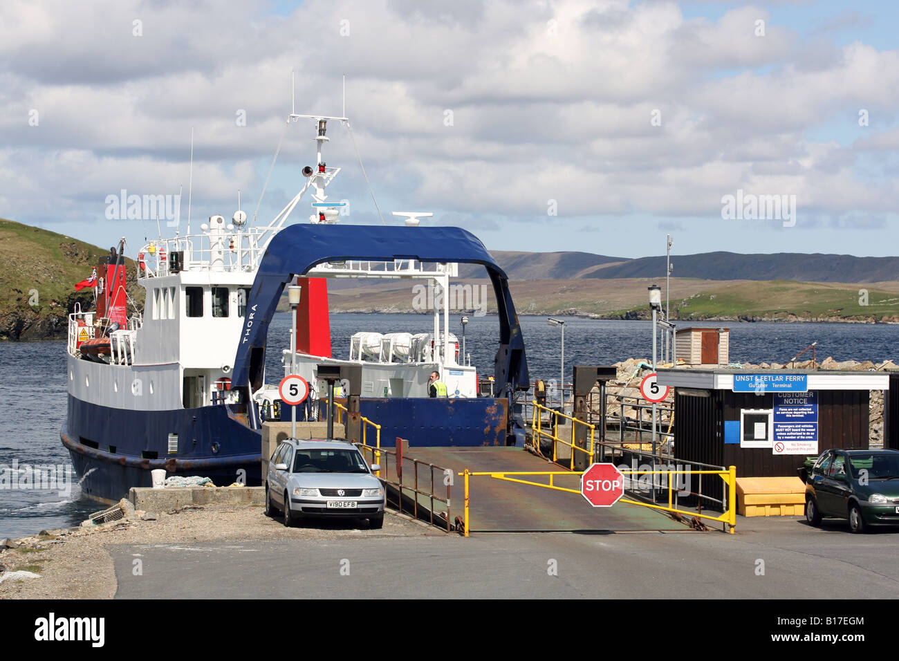 The ferry Thora which sails between the islands of Yell and Unst ...