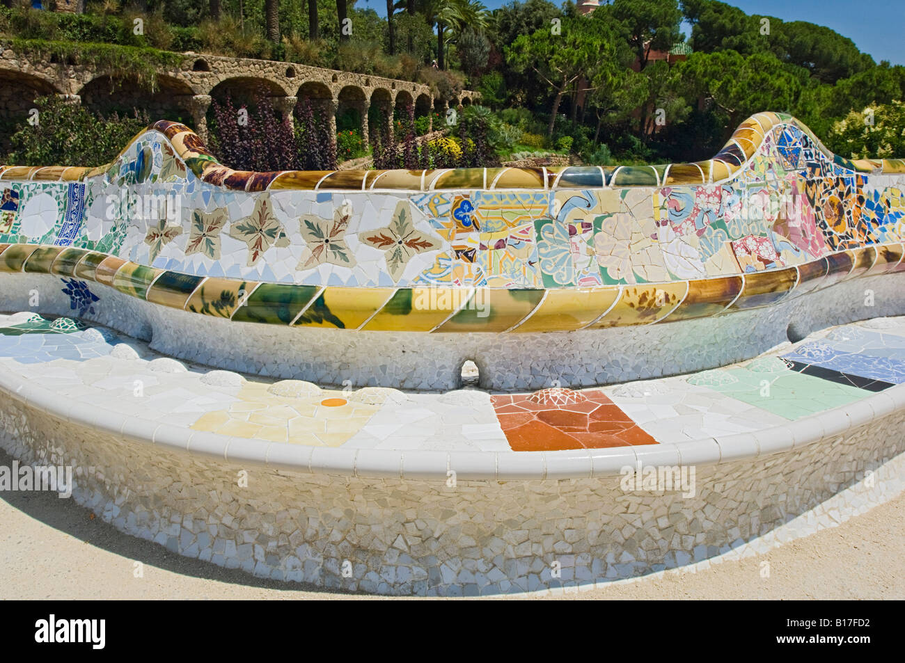 The Mosaic Serpentine Bench in Parc Güell or Gaudí's Park. Barcelona ...