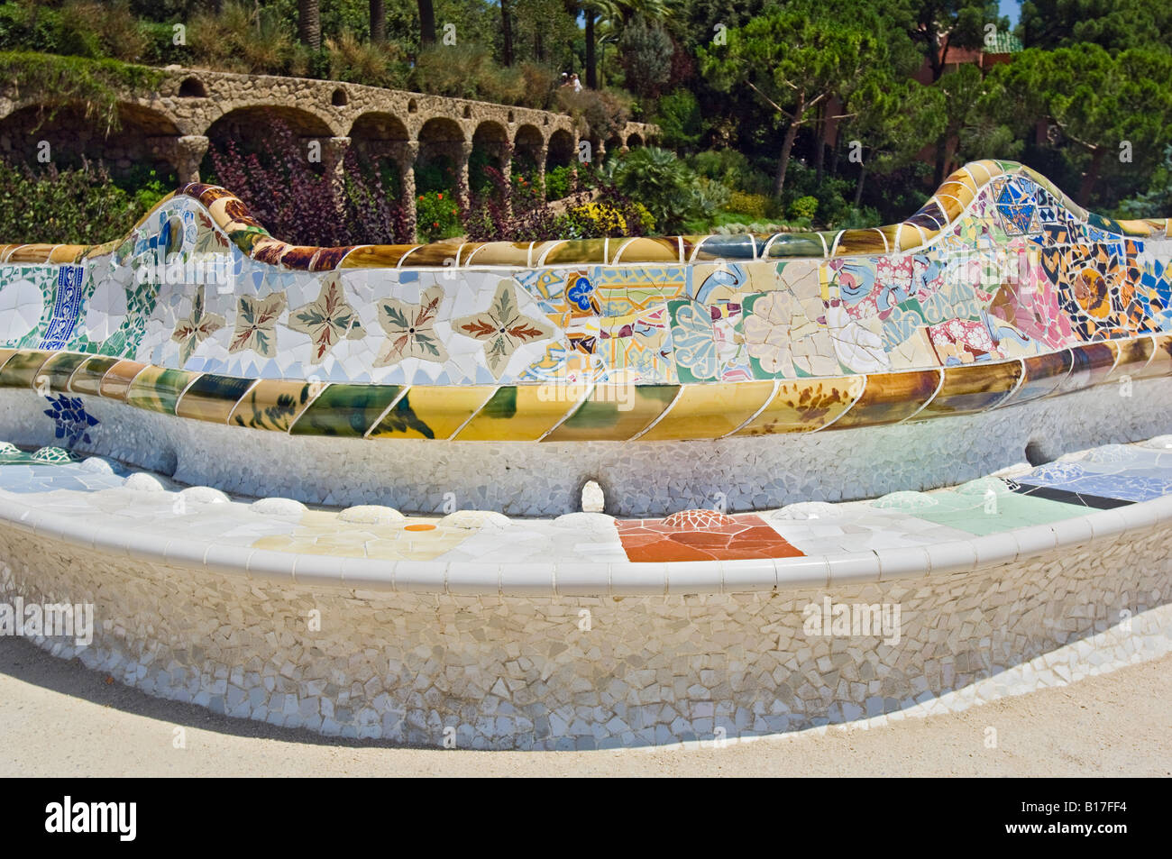 The Mosaic Serpentine Bench in Parc Güell or Gaudí's Park. Barcelona ...
