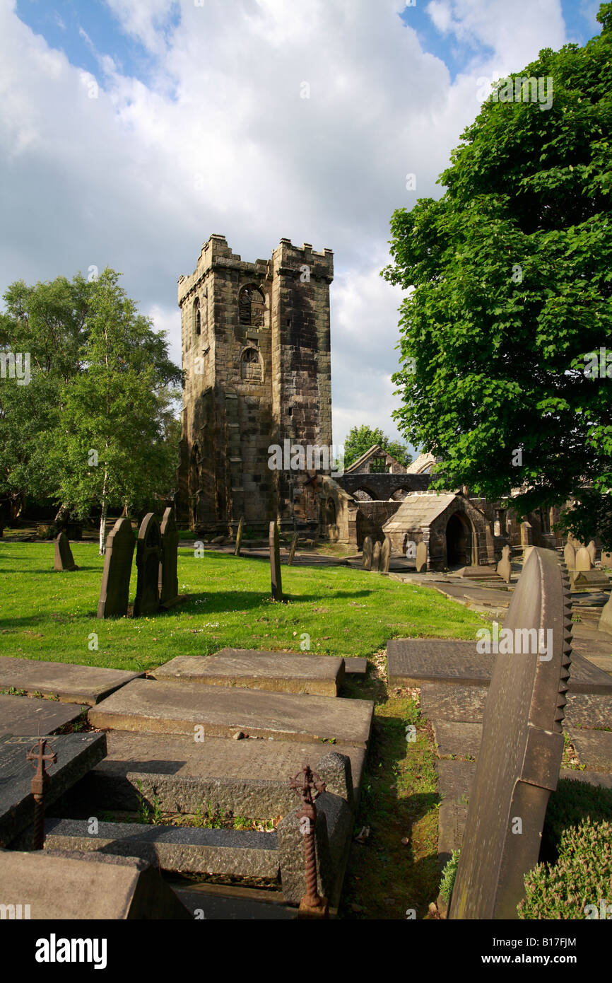 Graveyard and ruins of St Thomas a' Becket church (1260) Heptonstall, West Yorkshire, England ...