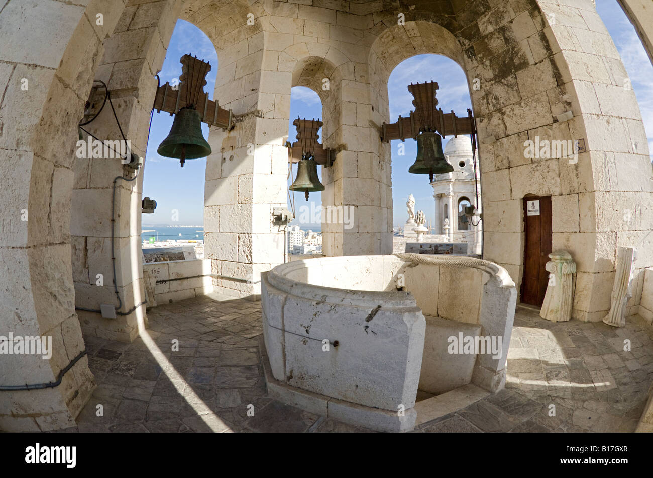 Wide angle view inside the Bell Tower of Cadiz Cathedral. Cadiz, Spain ...