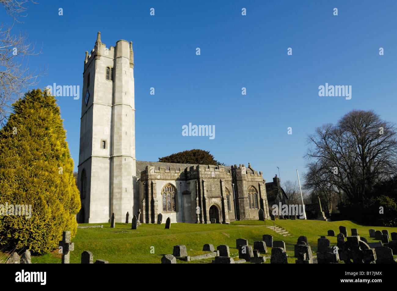 The 15th century St. Winifred Church in the village of Manaton in the ...
