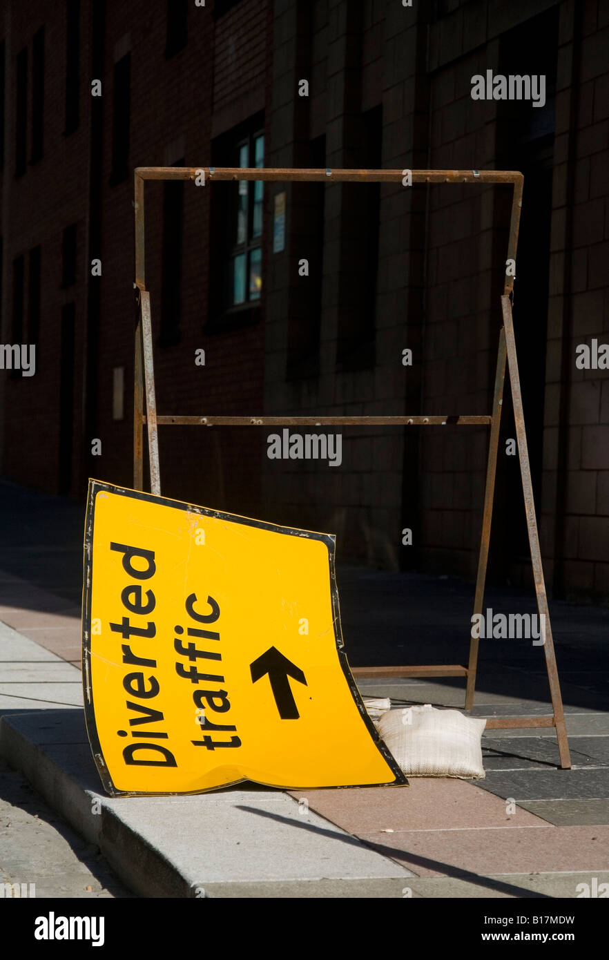 Damaged 'Diverted Traffic' sign in Glasgow, Scotland Stock Photo - Alamy