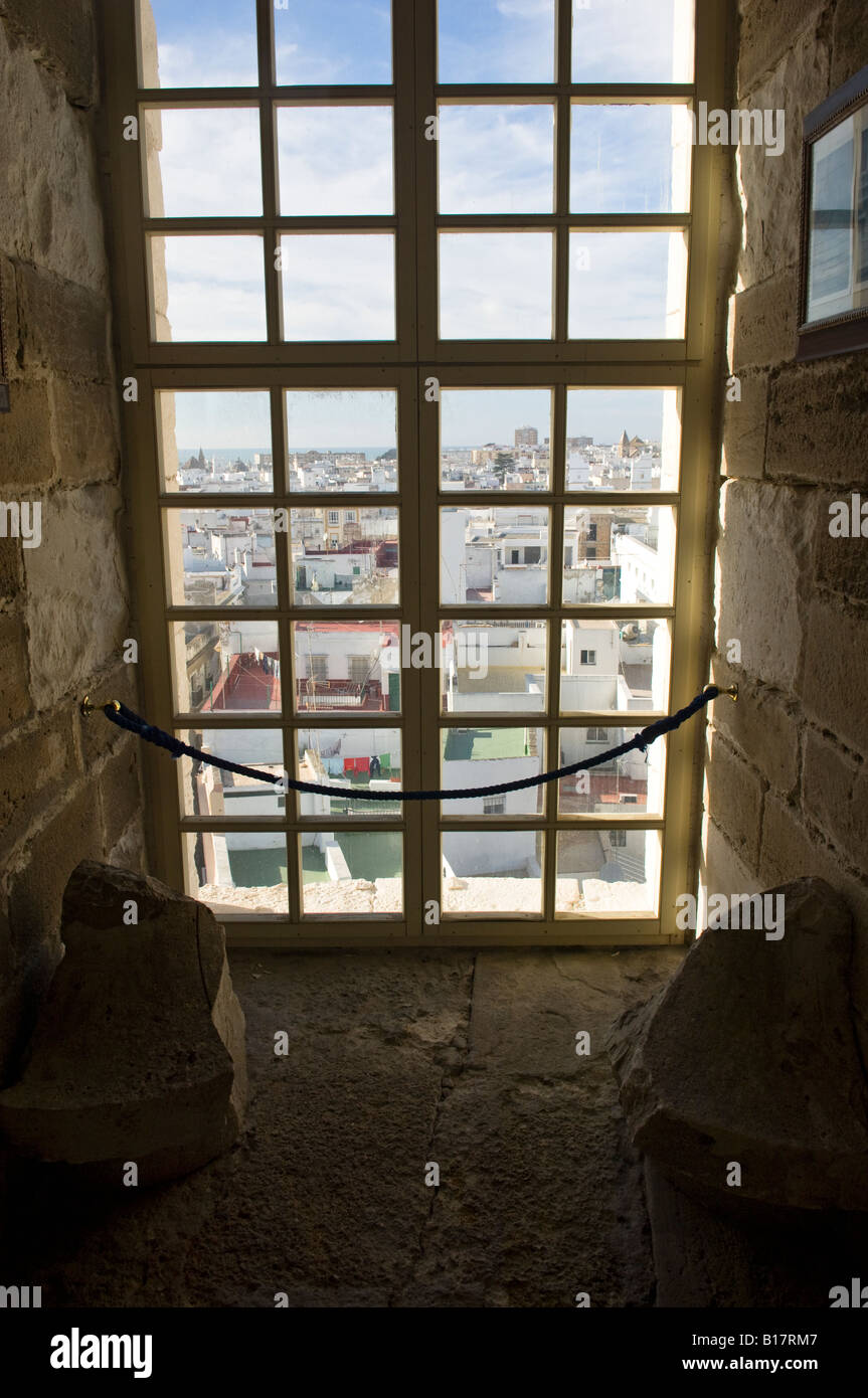 View through a window from one of the Towers of Cadiz Cathedral. Plaza ...