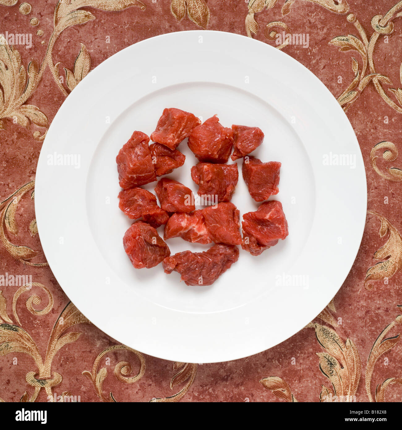 Raw beef on plate, elevated view Stock Photo - Alamy