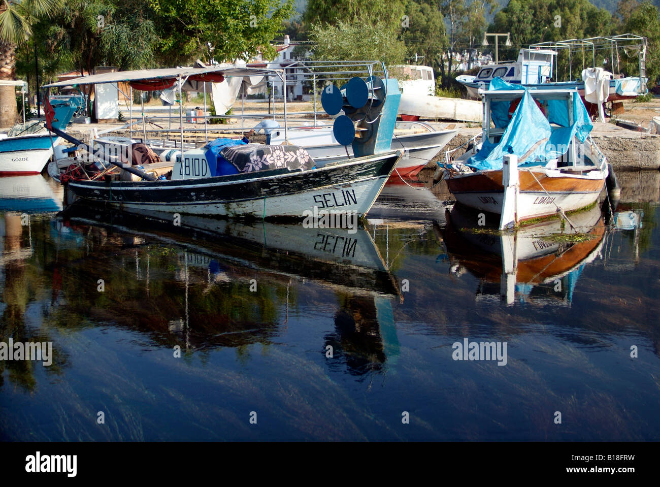 boats moored on Azmak River Akyaka Turkey Stock Photo - Alamy