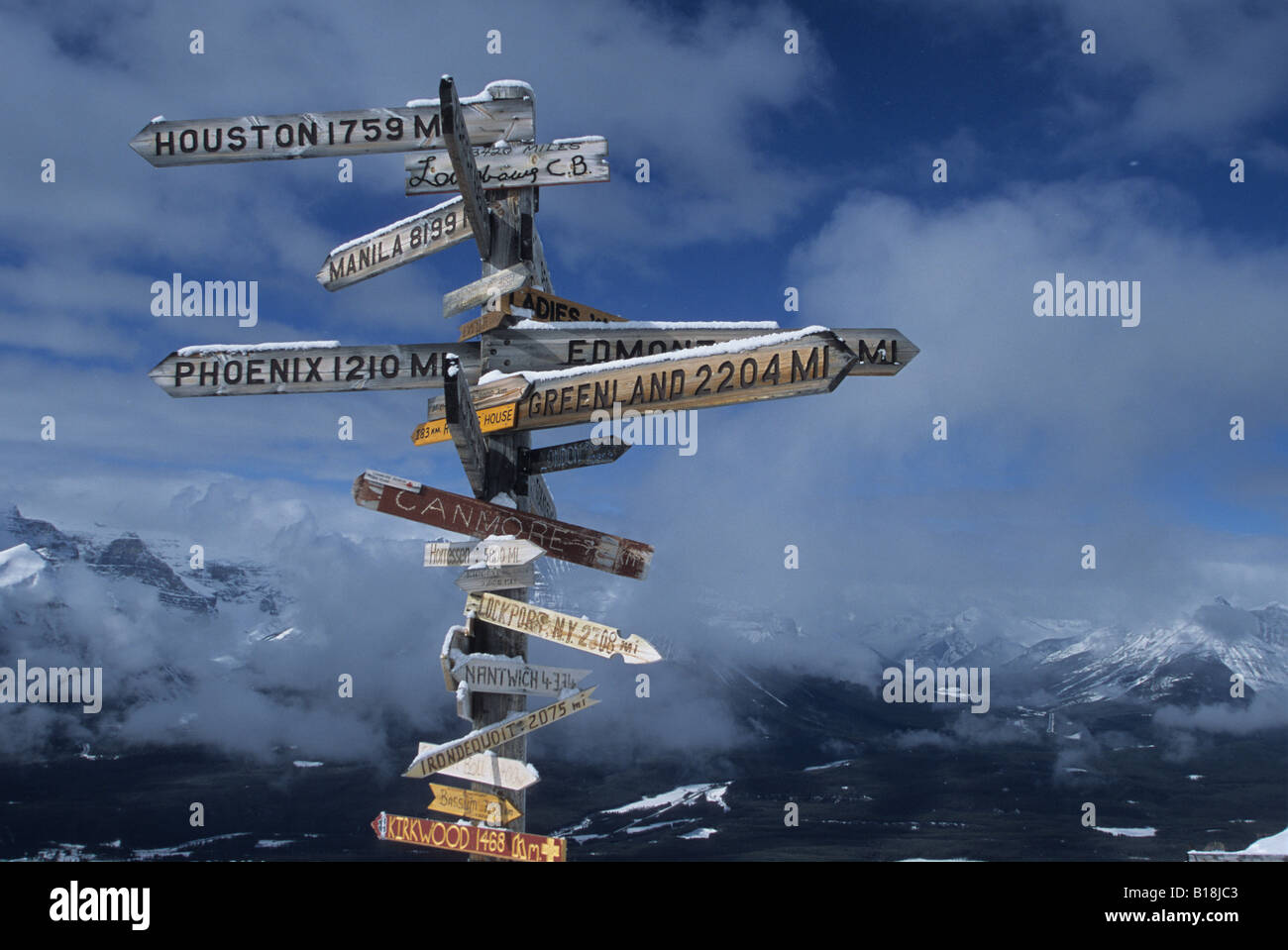 Signs pointing in all sort of directions and stating distances, with a ...