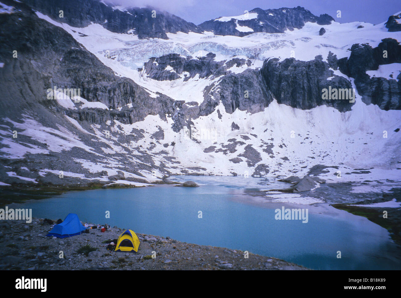An alpine camp set up below Mt Redoubt Cascade Mountains Washington ...