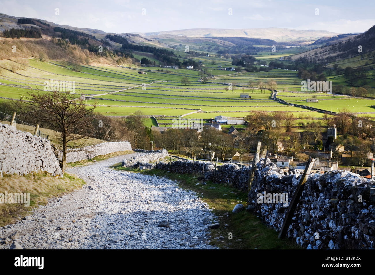 Looking down on the village of Kettlewell and along Wharfedale on a ...