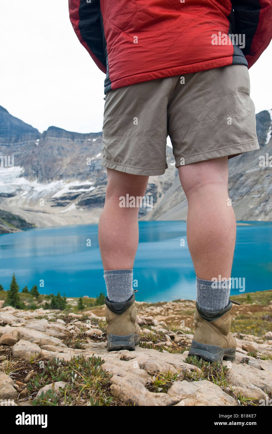 A hiker overlooks Lake McArthur in the Lake Ohara Region of Yoho ...