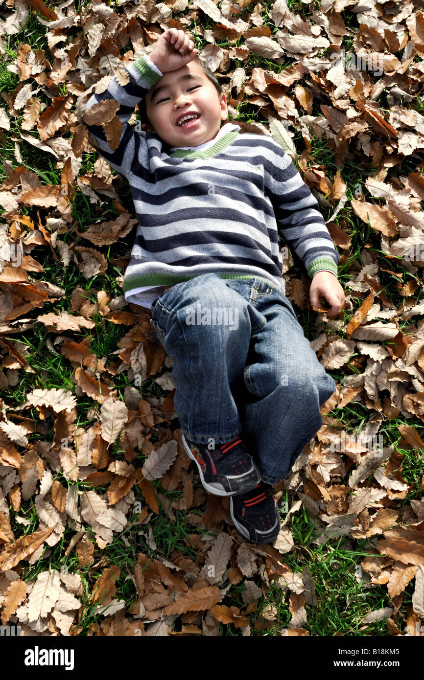 Boy in leaves Stock Photo - Alamy