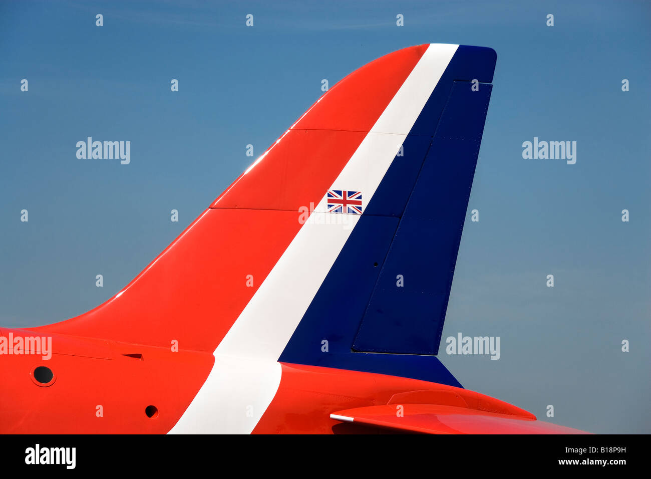 Colourful red white and blue tail of a BAE Systems Hawk aircraft of the ...