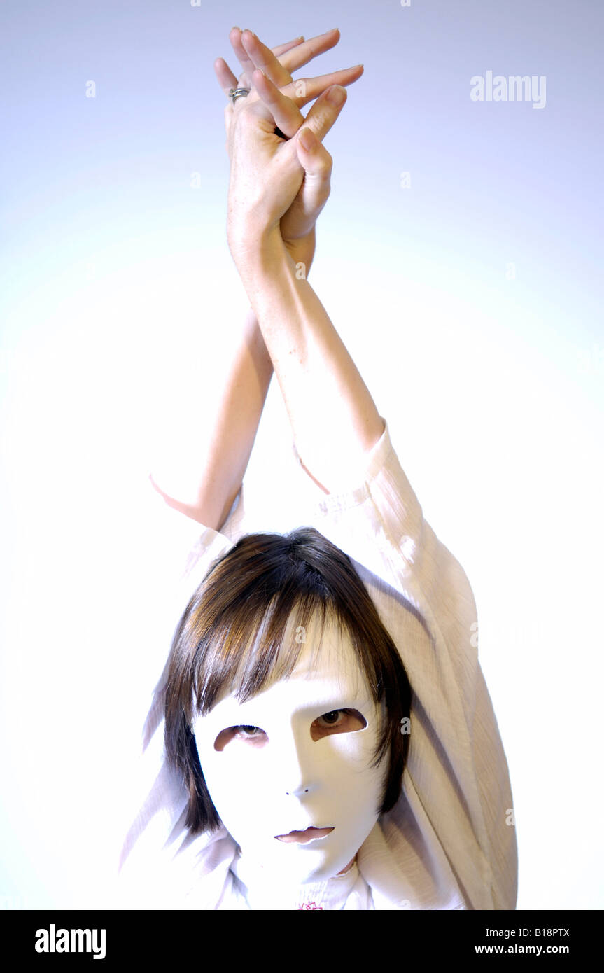 woman white mask female pose drama looking down depressed sad hide ...