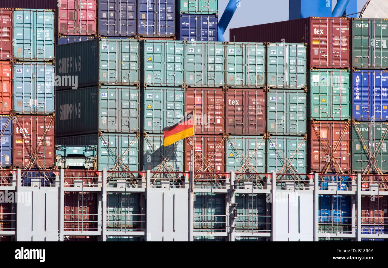 German national flag on a container ship in the HHLA container terminal ...