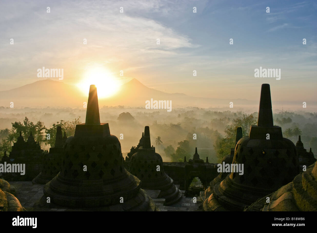 Sunrise view of the Merapi volcano from the top of the temple of ...