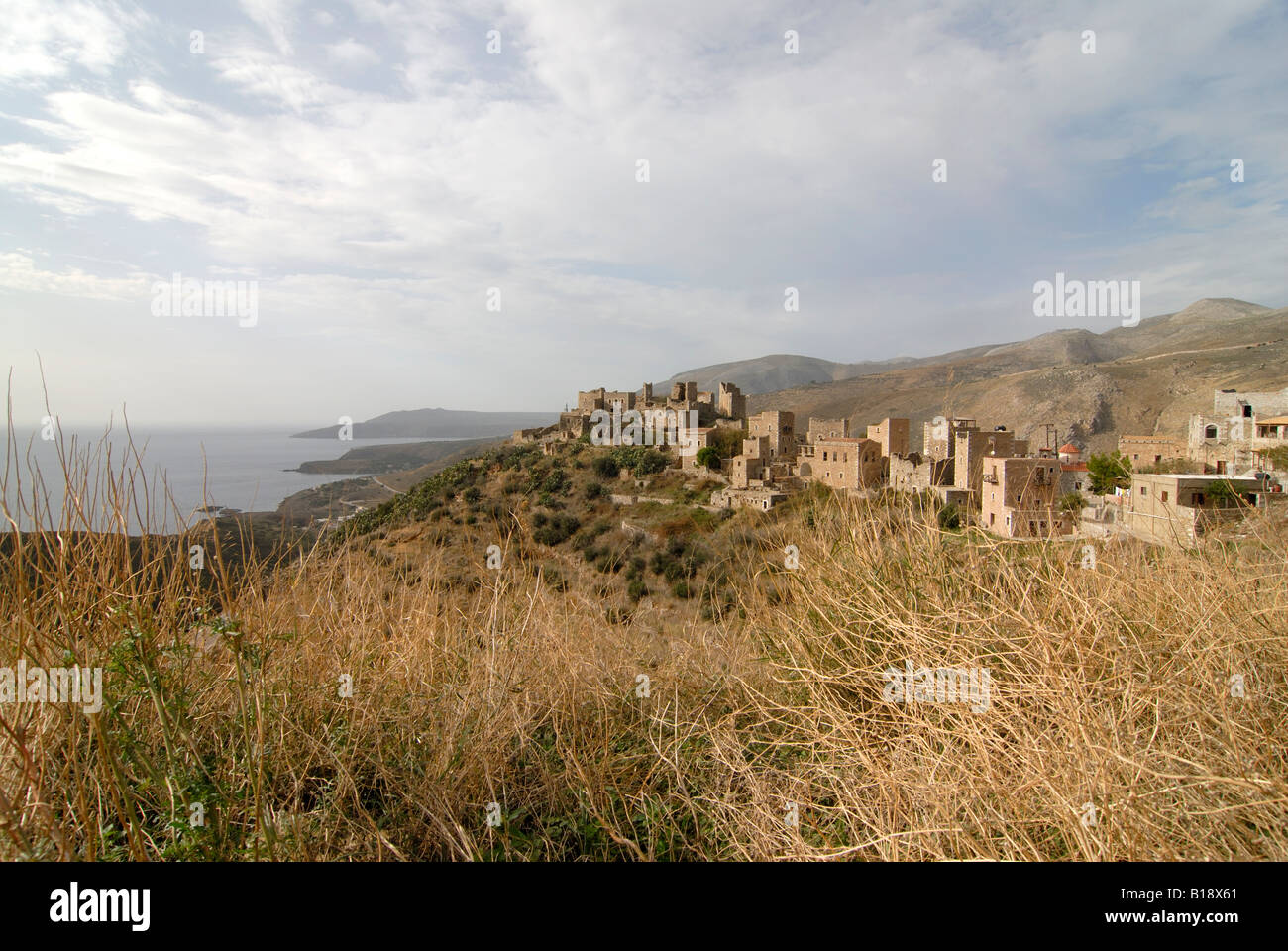 The mid age village of Vathi with its watchtowers in the Mani ...