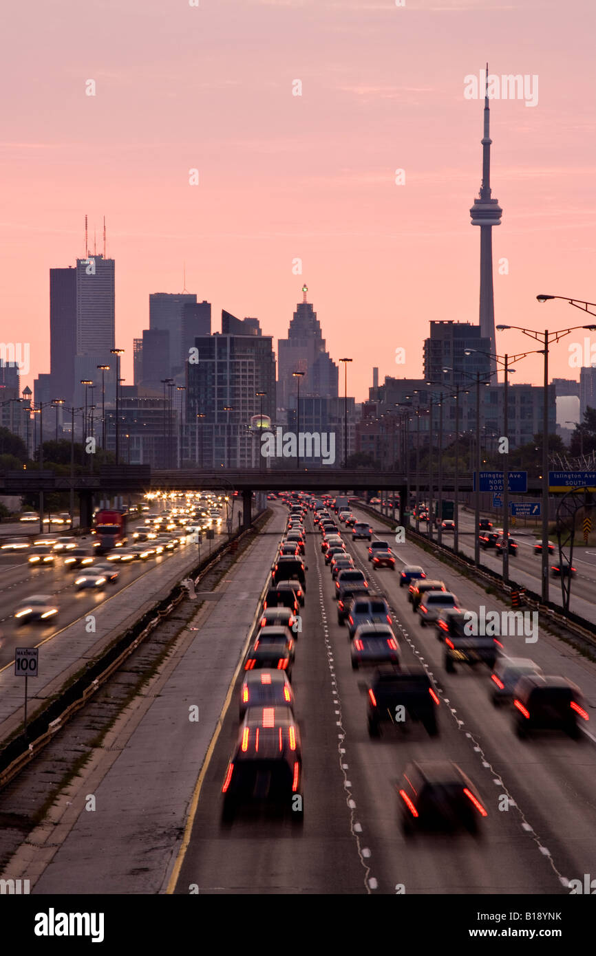 Toronto skyline and QEW highway with morning traffic, Toronto, Ontario ...