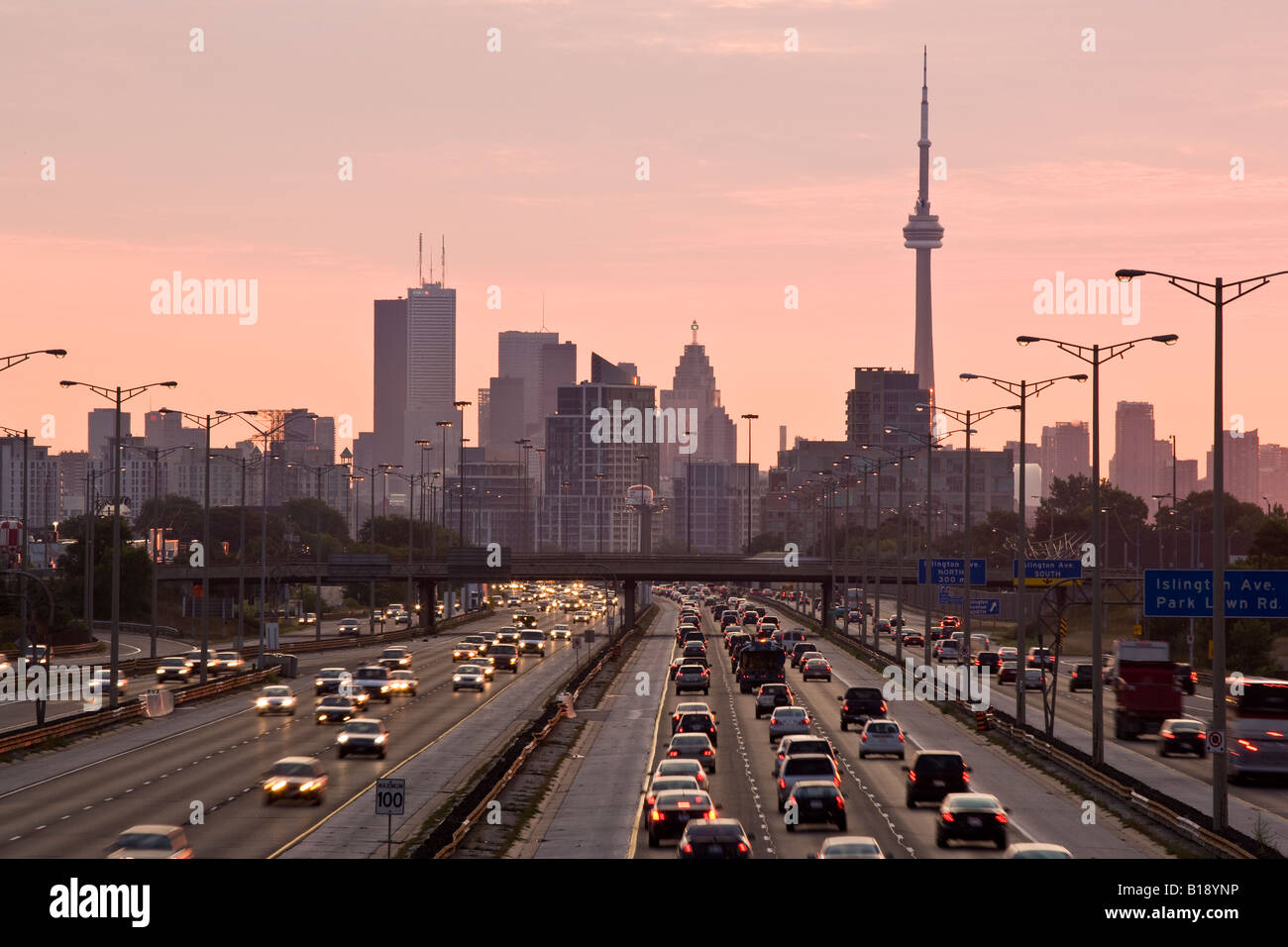 Toronto skyline and QEW highway with morning traffic, Toronto, Ontario ...