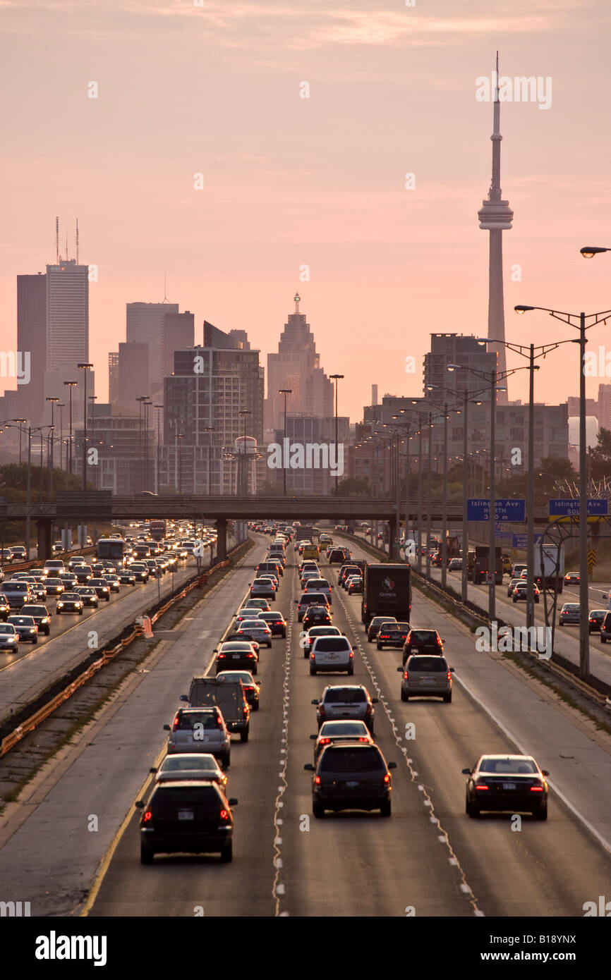 Toronto skyline and QEW highway with morning traffic, Toronto, Ontario ...