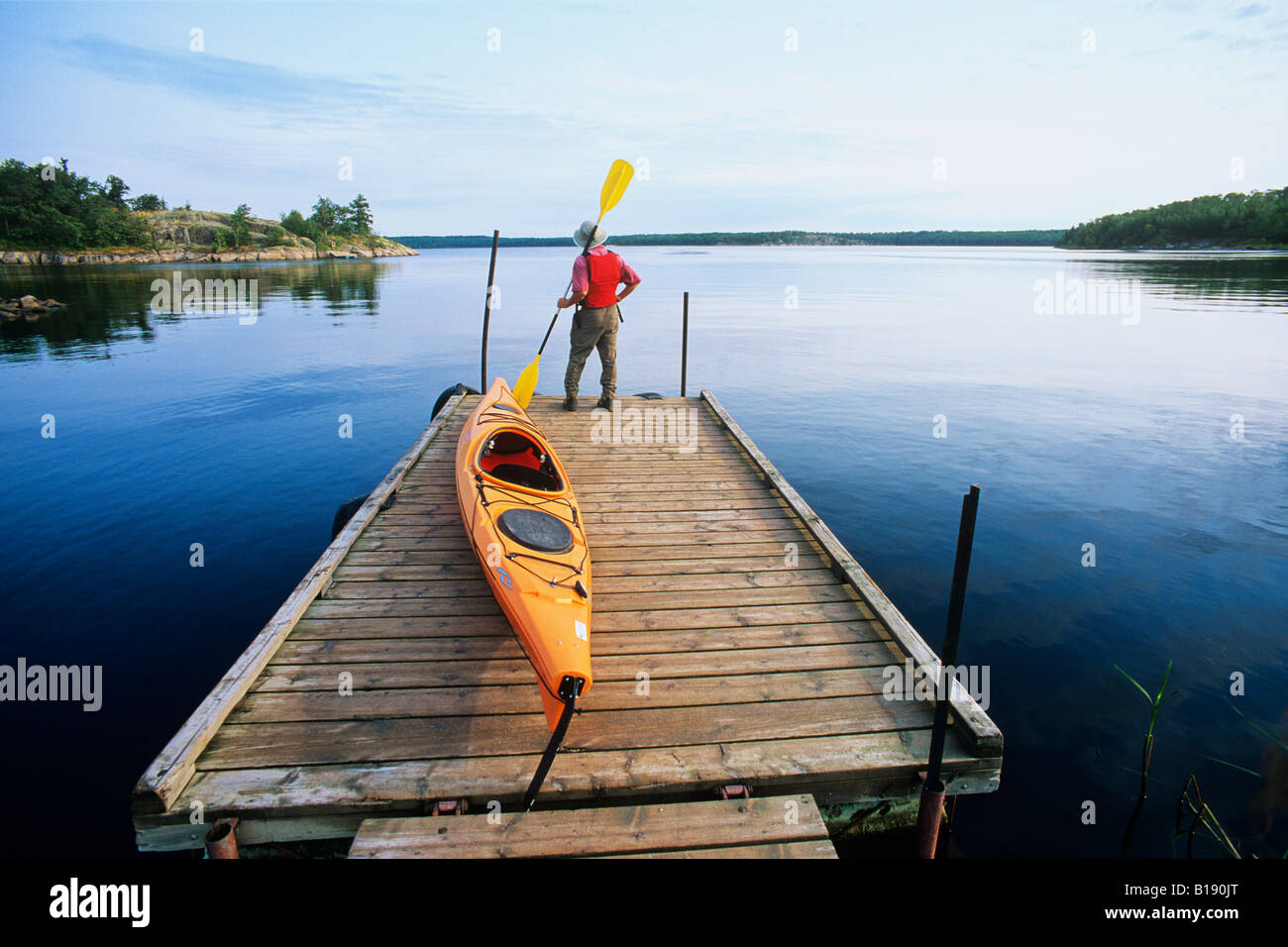 Kayak on boat dock, Nutimik Lake campground,Whiteshell Provincial Park ...