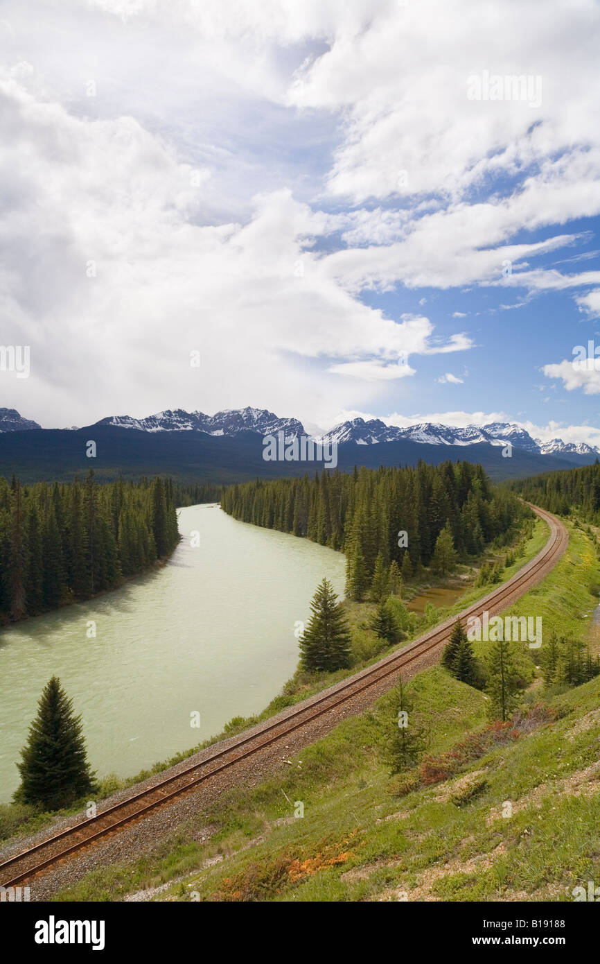 CPR tracks and the Bow River, Canadian Rockies, Banff National Park ...