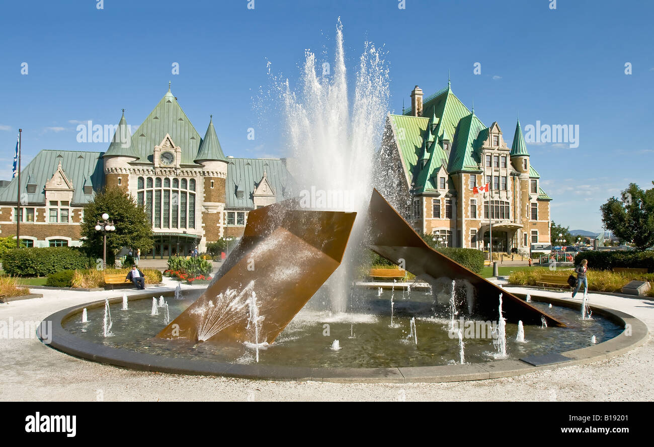 Fountain and sculpture in front of Quebec City train and bus station ...