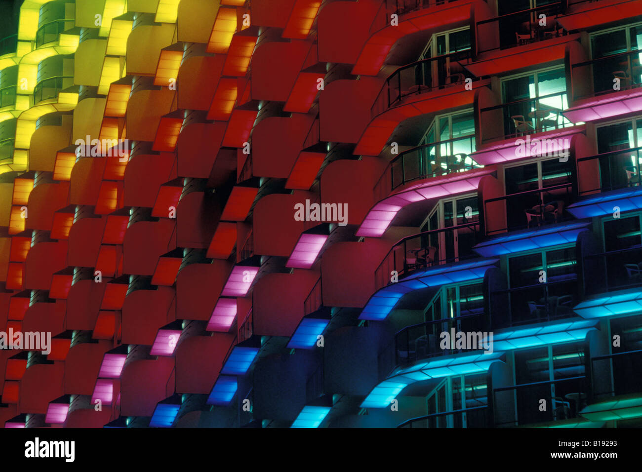 Multcolored balconies create a rainbow facade fpr the Crystal Palace Hotel at Nassau in the ...